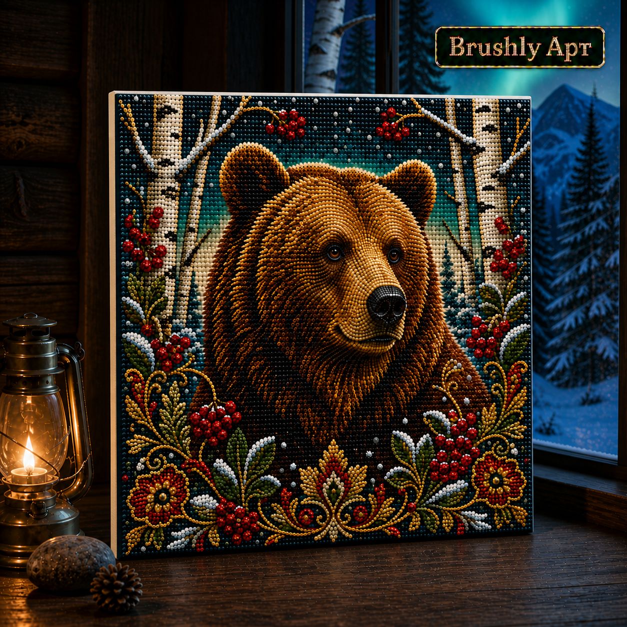 Алмазная мозаика Brushly Art Медведь в зимнем лесу 30х30 см, без рамки, полная выкладка