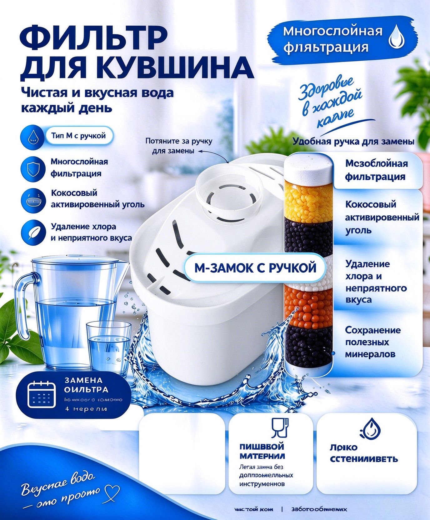 Сменный фильтр для кувшина с многослойной очисткой! Удаляет ржавчину, песок, хлор и накипь. Чистая и вкусная вода каждый день