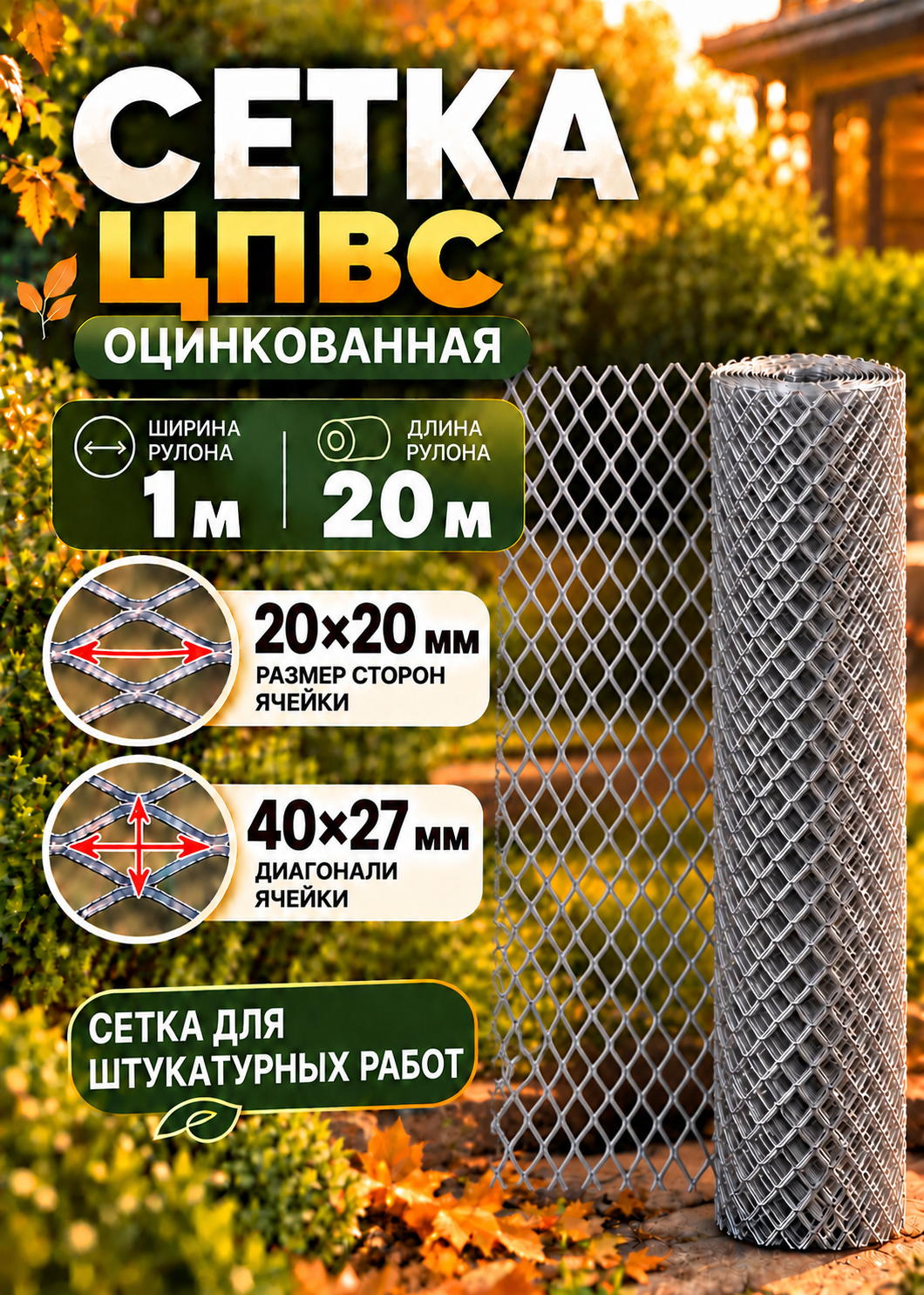 Сетка ЦПВС оцинкованная 20х20 мм, штукатурная, строительная, рулон 1х20 м