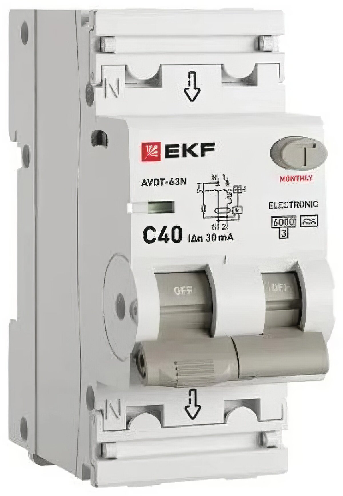 Автомат дифференциальный EKF PROxima АВДТ-63N 40А 1P+N тип A 30 мА 6 кА (D63N26EA40C30)