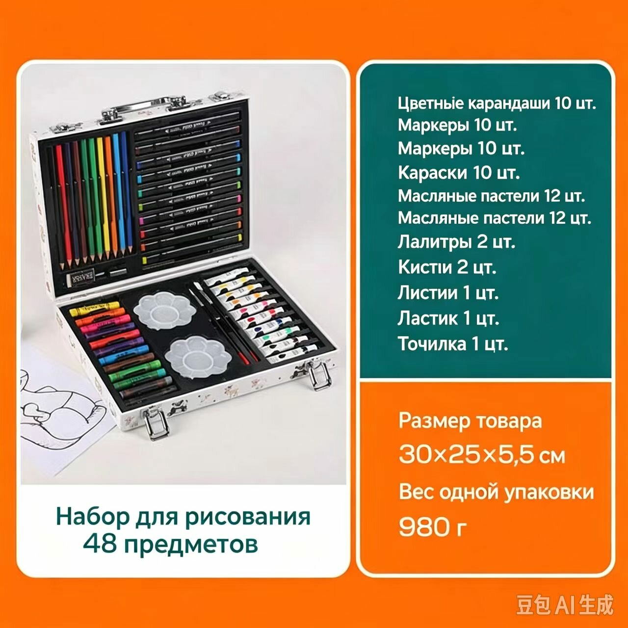 Детский набор для рисования, для творчества, 48 элементов(Высококачественные цветные кисти)