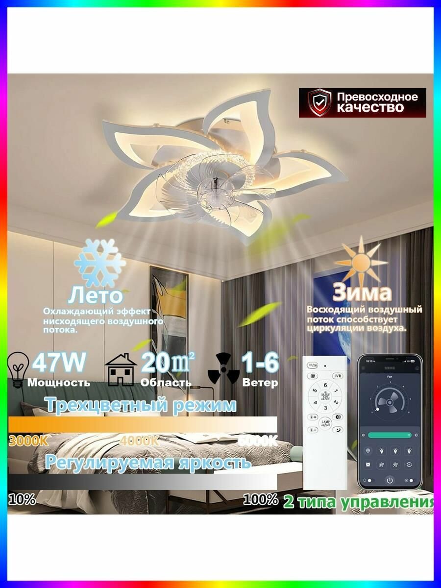 Люстра с вентилятором, LED, металл и акрил, 69x13 см-47 Вт, 15 Вт