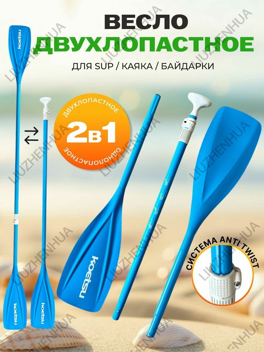 Весло для sup-доски двухлопастное синее 2 в 1, премиум двустороннее для SUP board