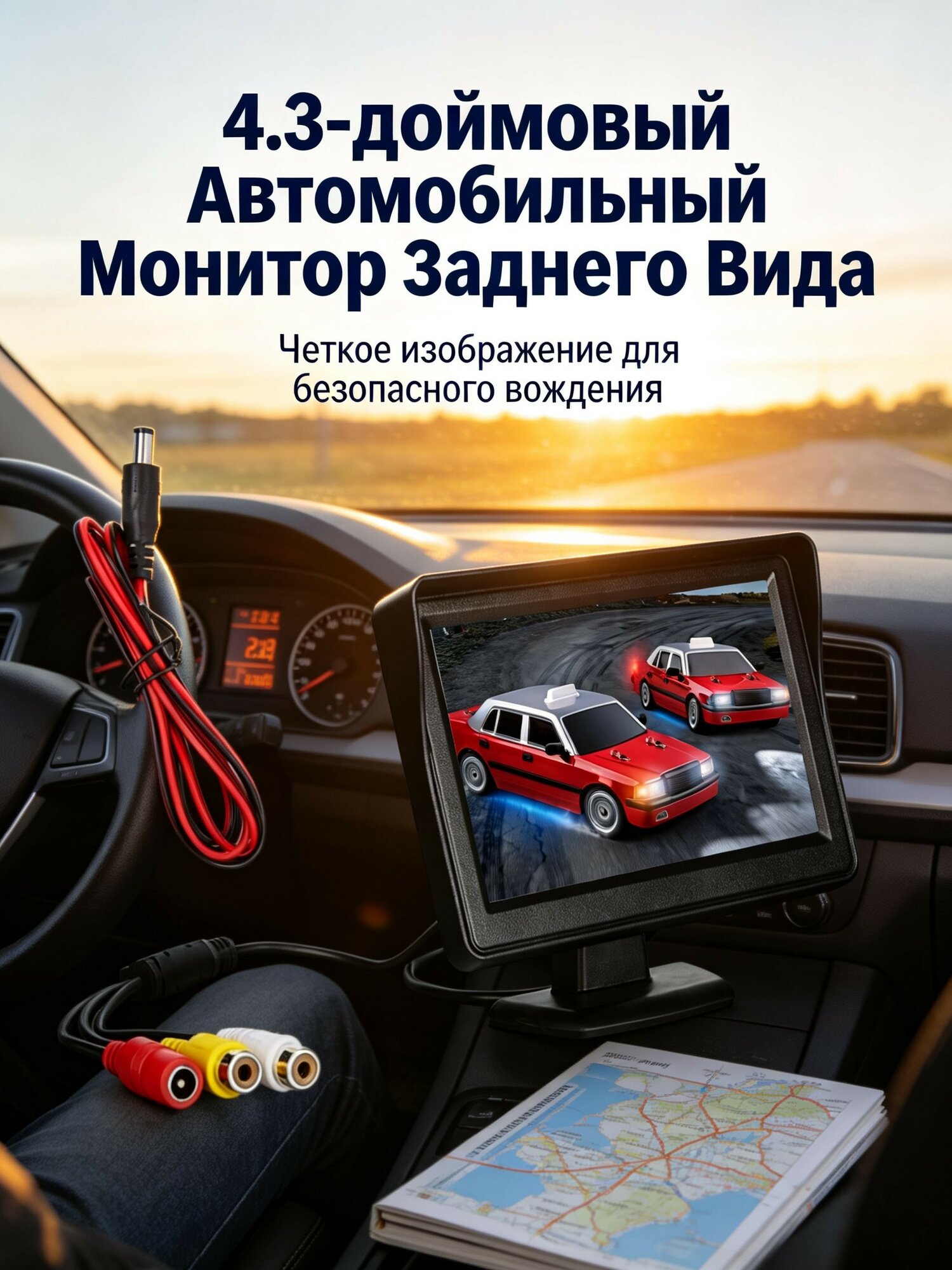Автомобильный TFT LCD монитор 4.3 дюйма, питание DC 9V-24V с входами для камеры заднего вида и DVD и автоматическим переключением PAL/NTSC