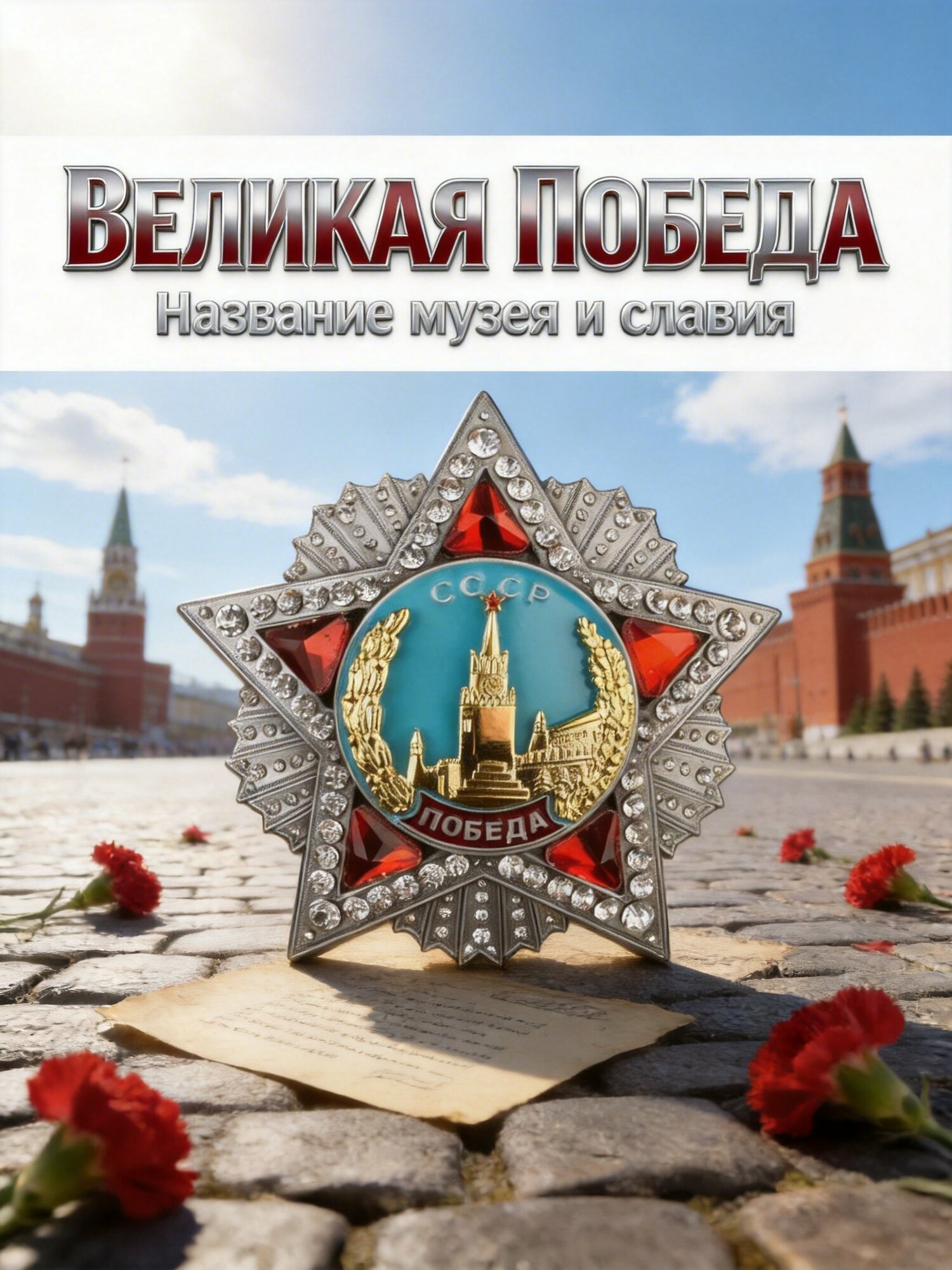 Сувенирный орден Советский Победа, муляж из латуни с холодной эмалью и стразами в коробочке, крепление штифт с гайкой, размер 8,0x8,0 см