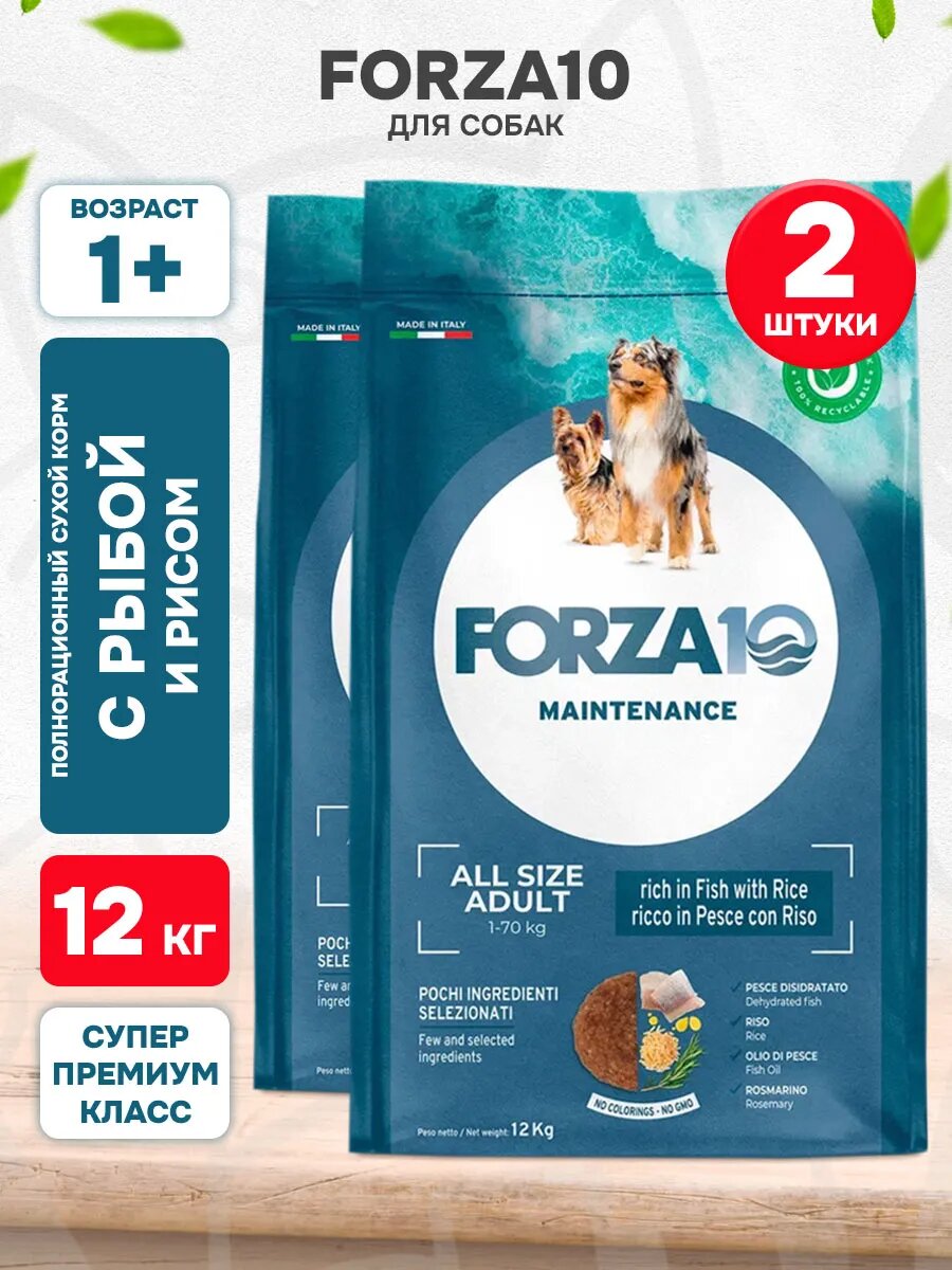 Корм сухой Forza10 Dog Maintenance Adult All Size для взрослых собак всех пород с рыбой и рисом, 12 кг х 2 шт