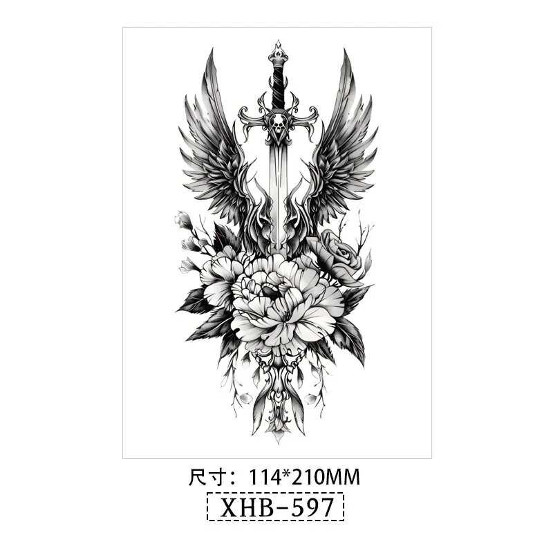 Татуировка временная XHB-597, тотем, скелет, цветы