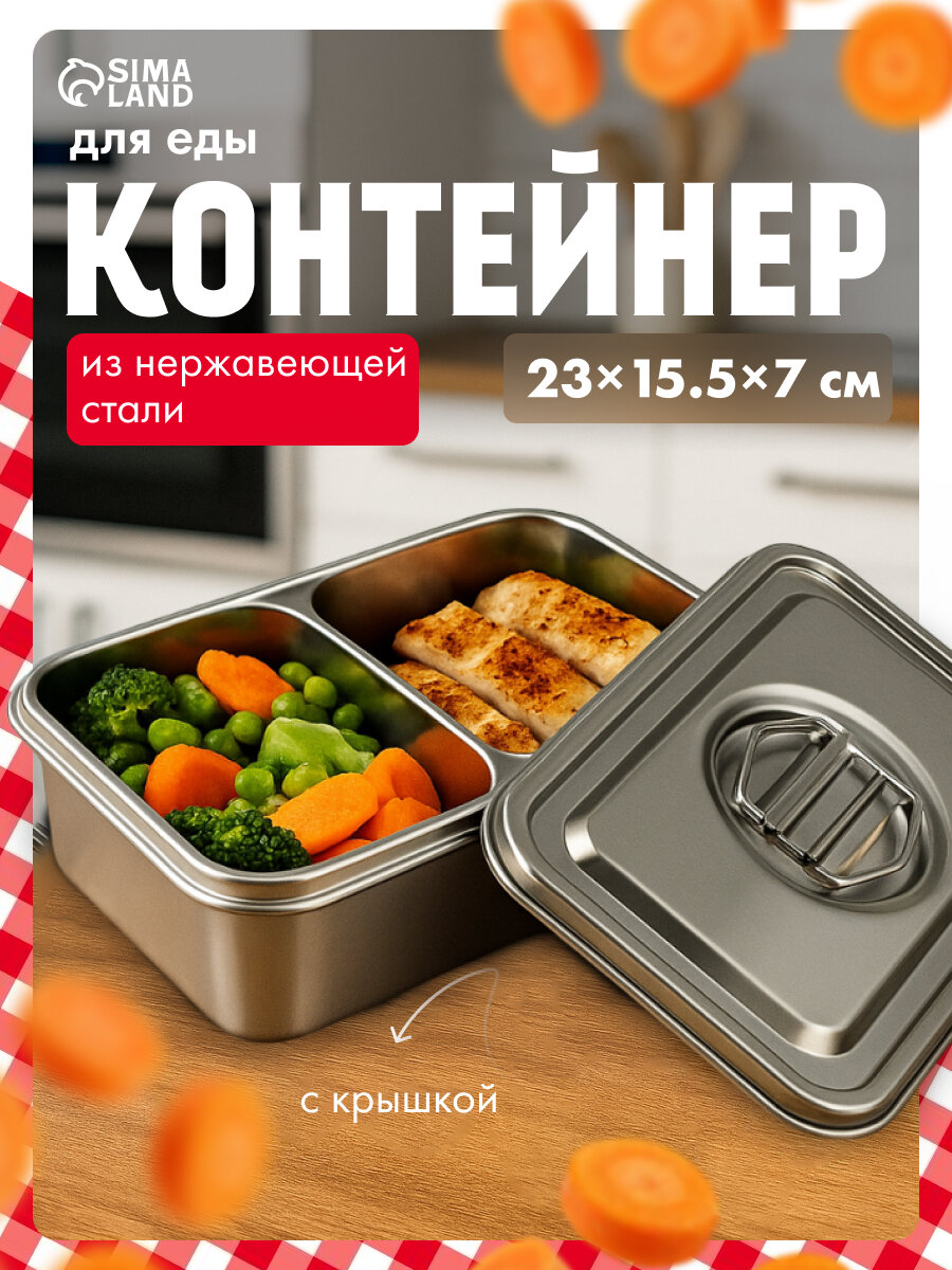 Контейнер для еды, 2 секции, 23×15.5×7, с крышкой, нержавеющая сталь, серебристый