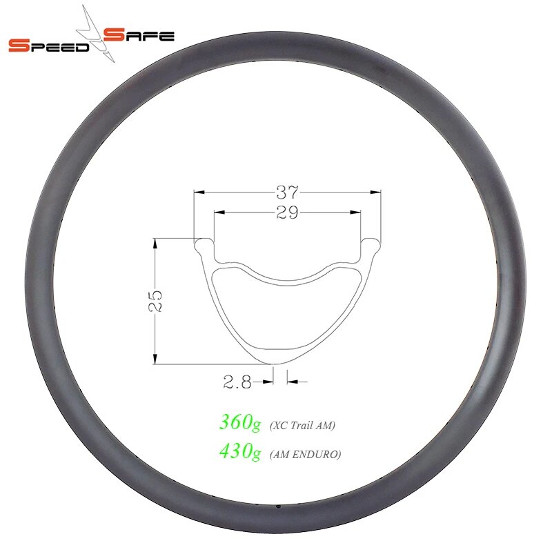 Speedsafe карбоновый обод 37 мм 29 дюймов 360g XC Trail AM, Tubeless (Tapeless), 28H UD matte