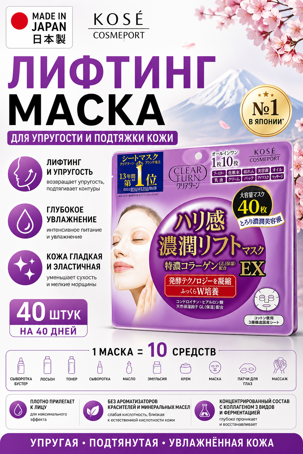 Маска для лица тканевая Clear Turn с лифтинг-эффектом 40шт