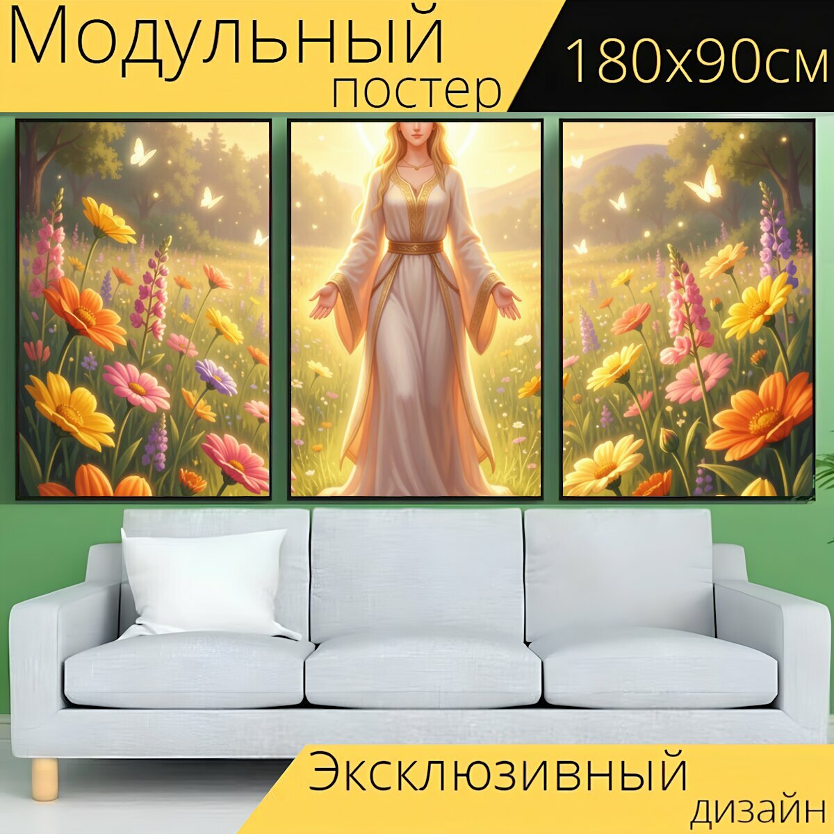 Модульный постер "Небесная фигура в саду. Женственный образ с сияющим ореолом в окружении полевых цветов и бабочек, мягкие золотые." 180 x 90 см. для интерьера на стену в тубусе