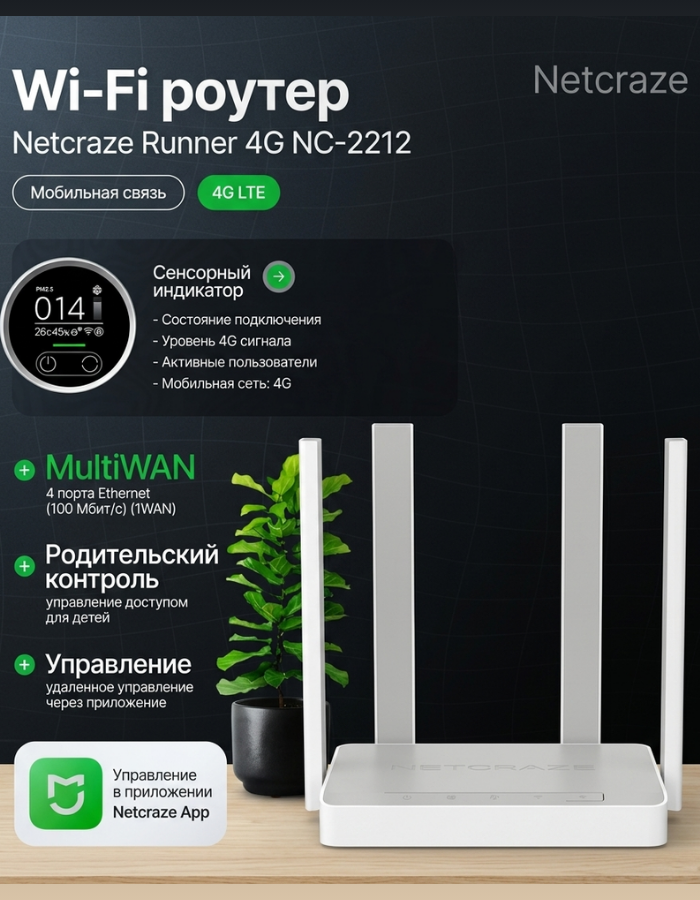 4G Wi-Fi роутер Netcraze Runner 4G NC-2212, со встроенным 4G-модемом