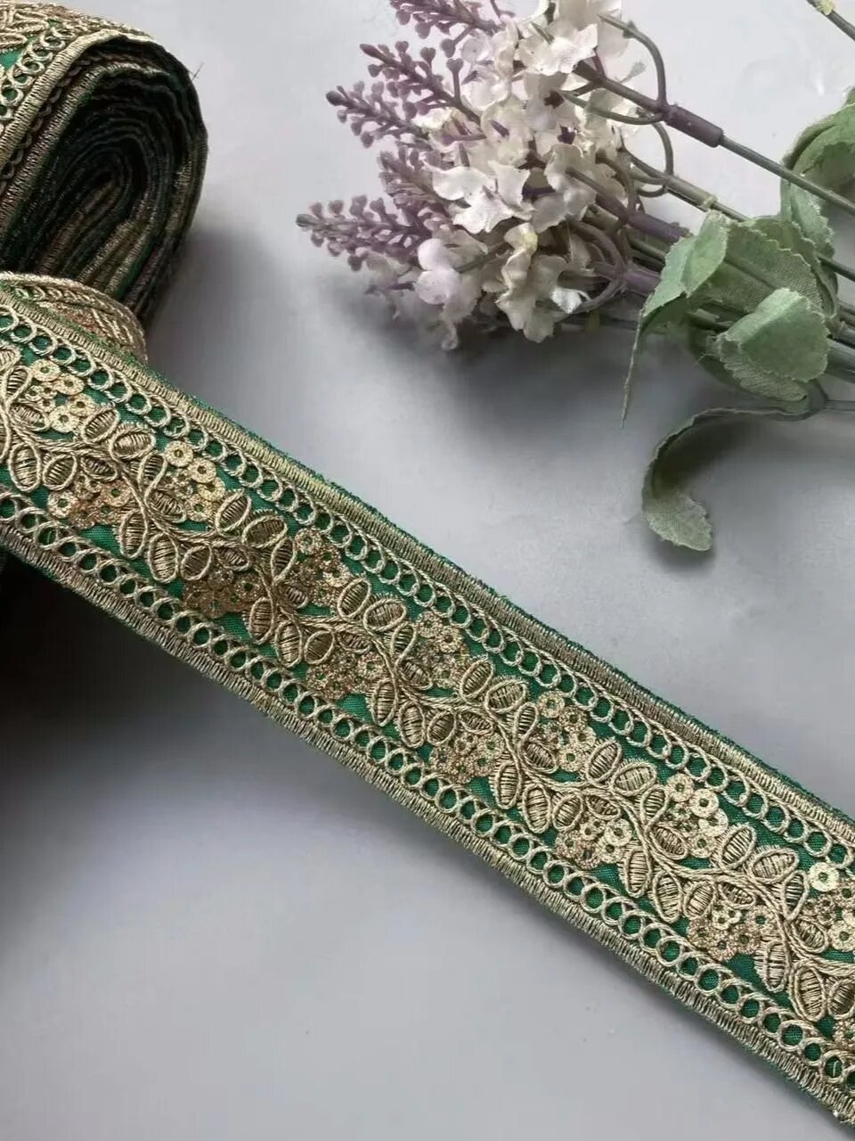 Пайетки ракушка Тесьма лента трикотажная, 4 см, 2 метра Тесьма декоративная, с народным узором, для декора, рукоделия и творчества, зеленый