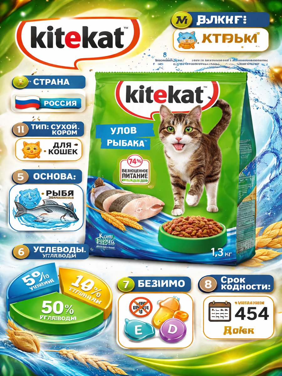 Корм сухой Kitekat Улов рыбака для кошек, 1.3кг