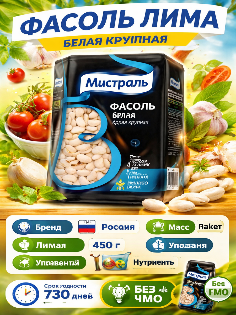 Фасоль Мистраль Лима белая крупная, 450г