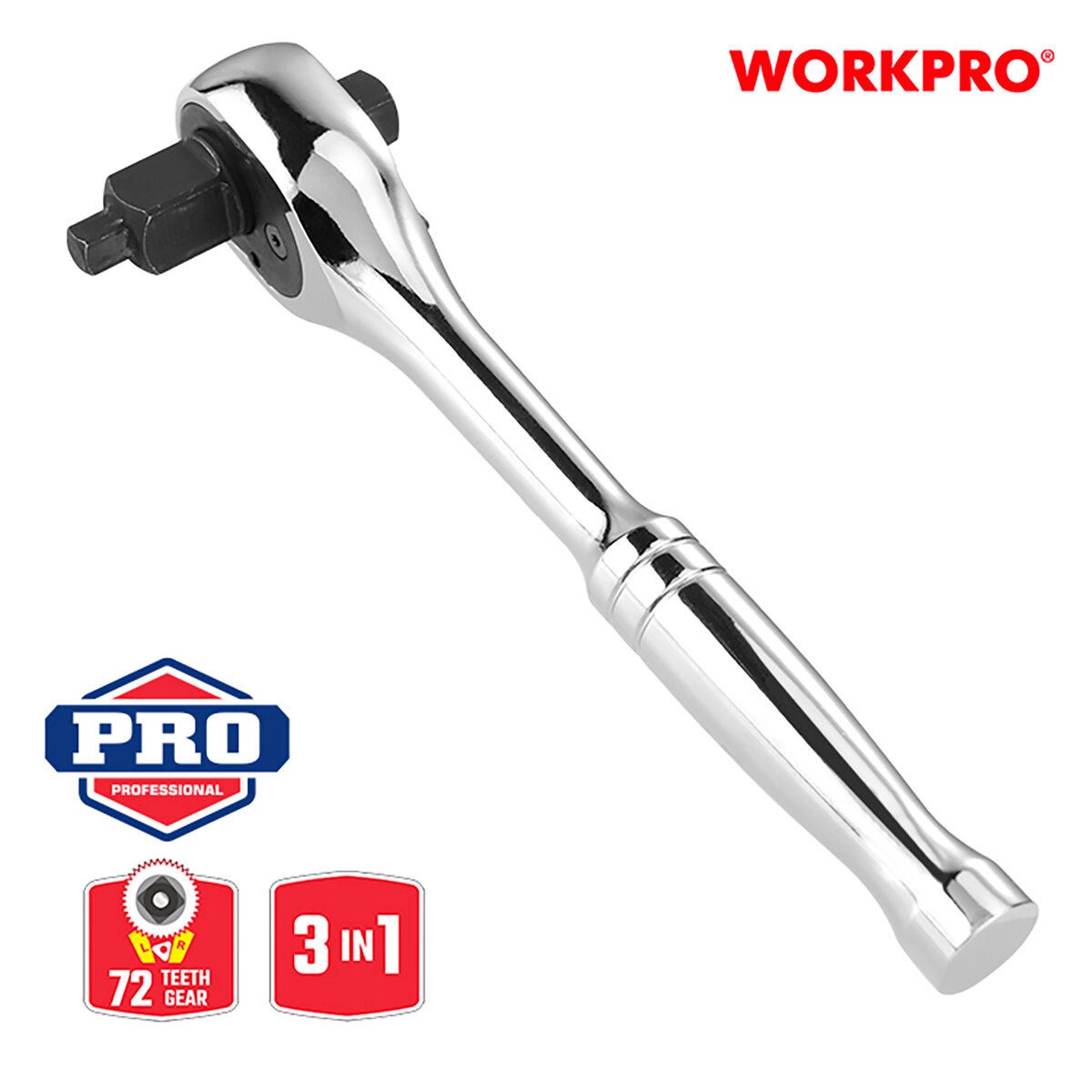 Ключ-трещотка 3 в 1 Workpro, 1/4", 3/8", 1/2", 72 зуба