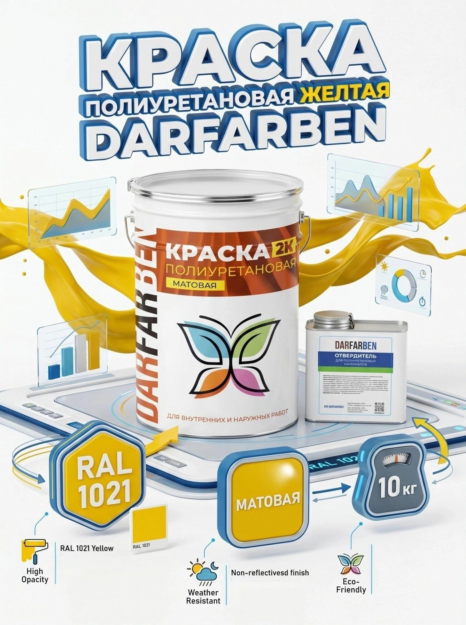 Полиуретановая краска матовая DARFARBEN желтая для металла, бетона, дерева 10 кг