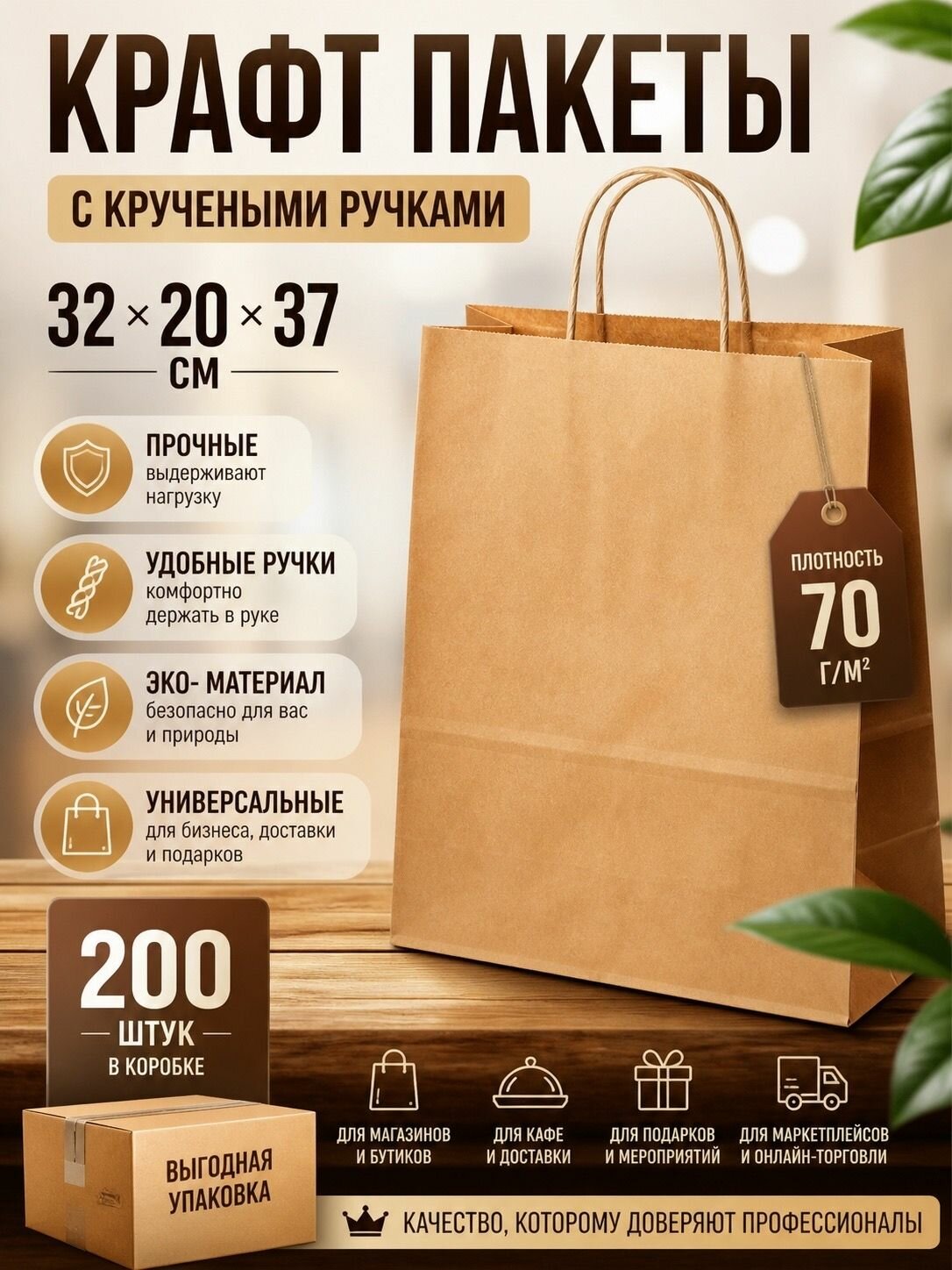 Крафт пакеты бумажные с ручками большие 200 шт, бумажные крафтовые пакеты с кручеными ручками, упаковочные для магазина, доставки, подарков
