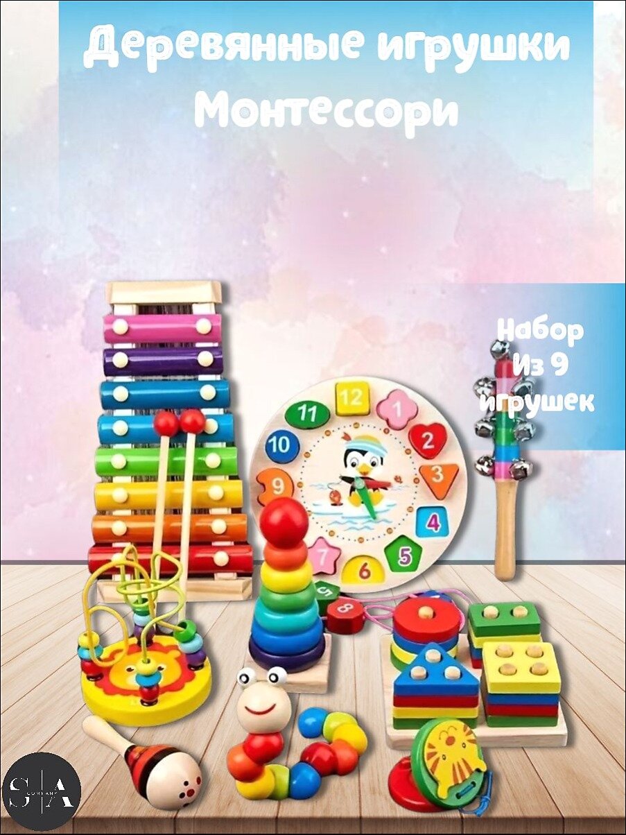Сортер Монтессори Деревянные развивающие игрушки S&A Сompany 9 в 1