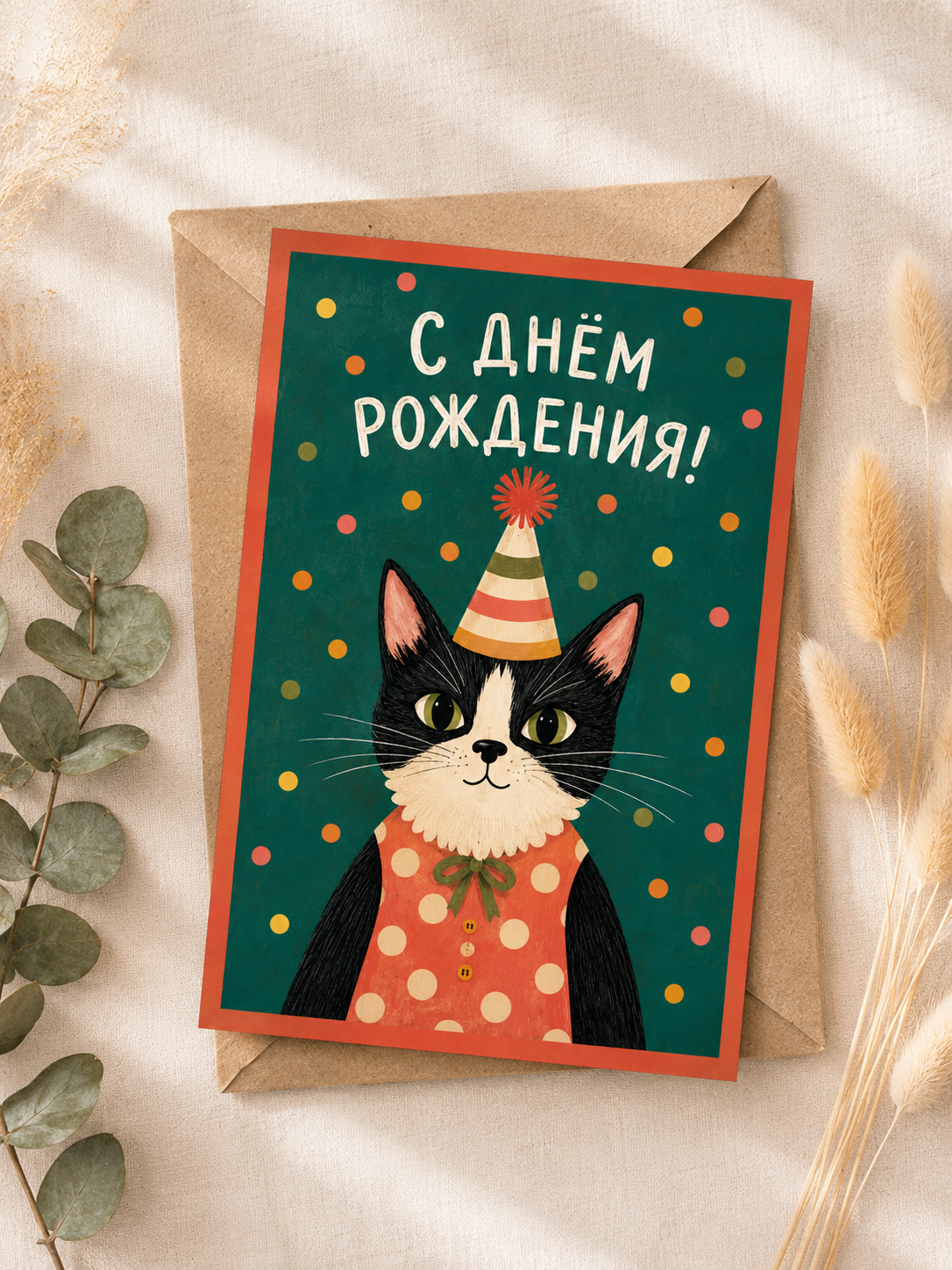 Открытка «С Днём Рождения» с котом в колпаке, 10×15 см, с крафт-конвертом