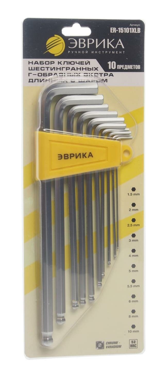 ER-15101XLB Набор ключей шестигранных ER-15101LB: Г-образных экстра длинных с шаром 1.5-10мм 10пр. Эврика