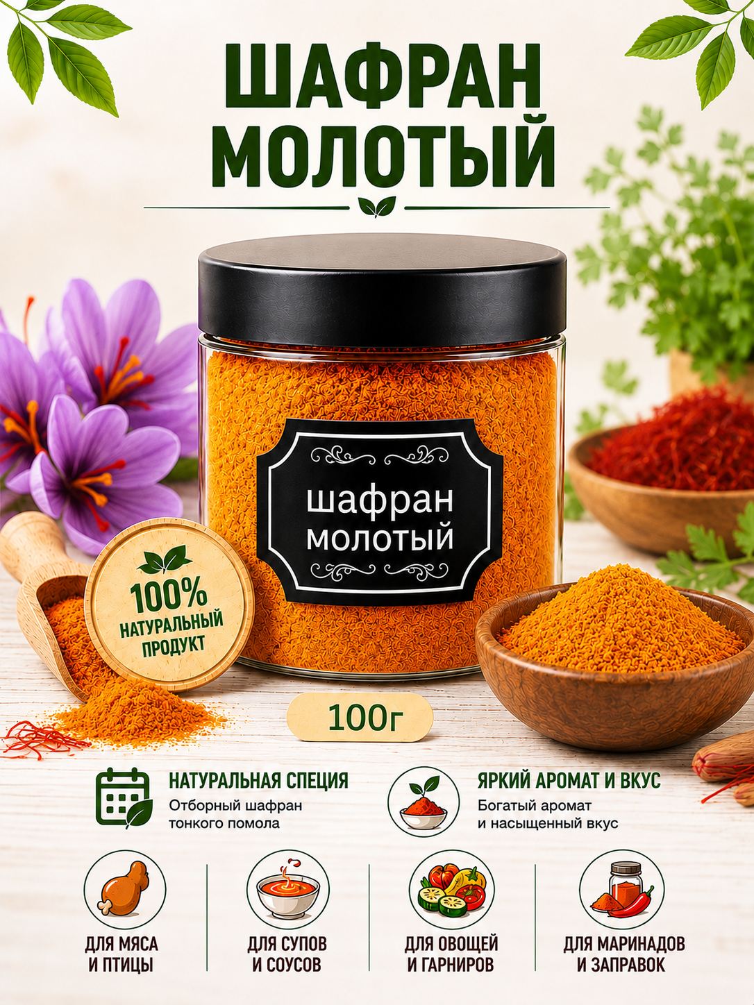 Шафран молотый натуральный, Индия, 100г