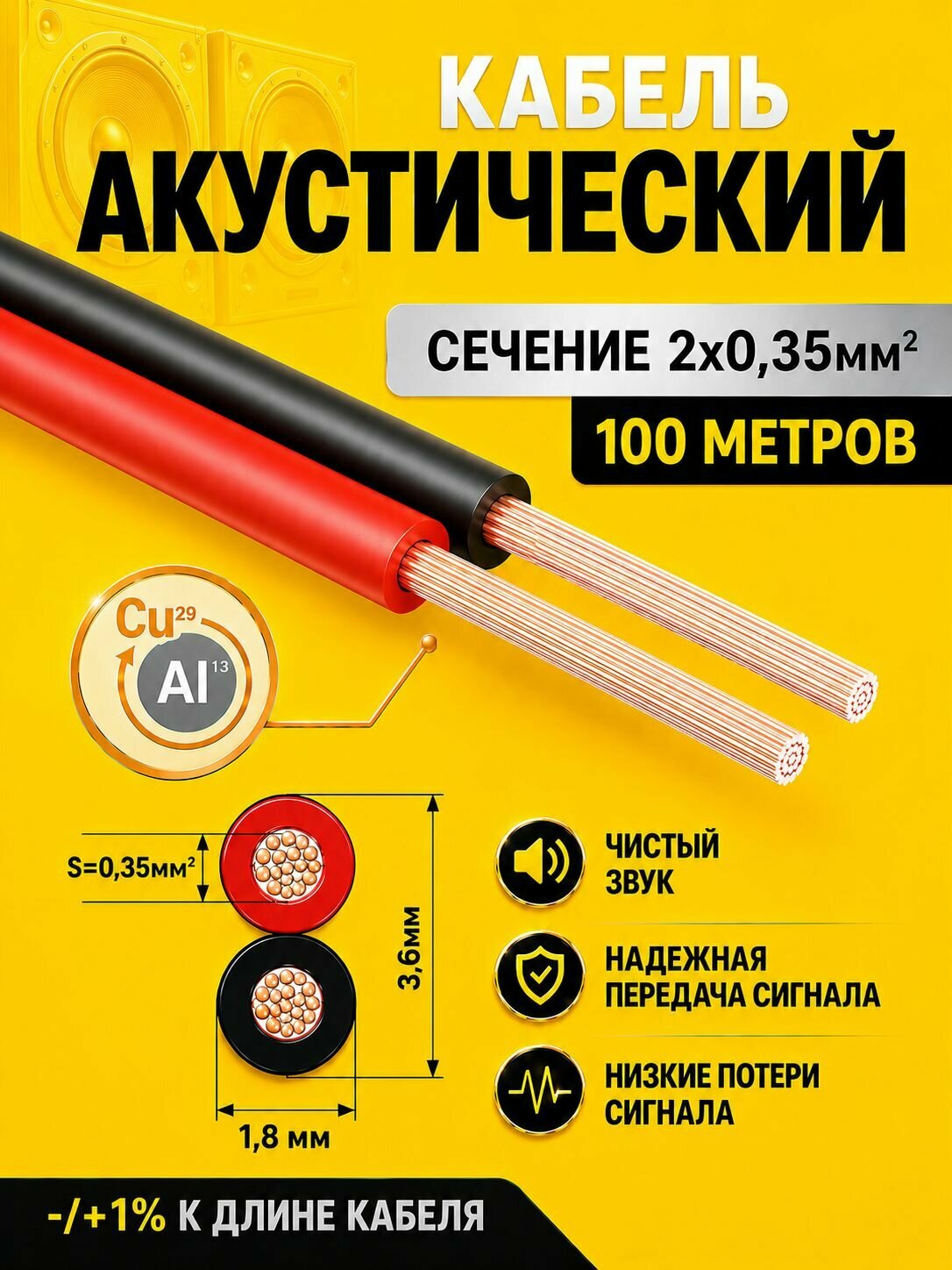 Кабель акустический двужильный 2х0,35 омедненный 100 метров; провода для автозвука; акустический провод швпм