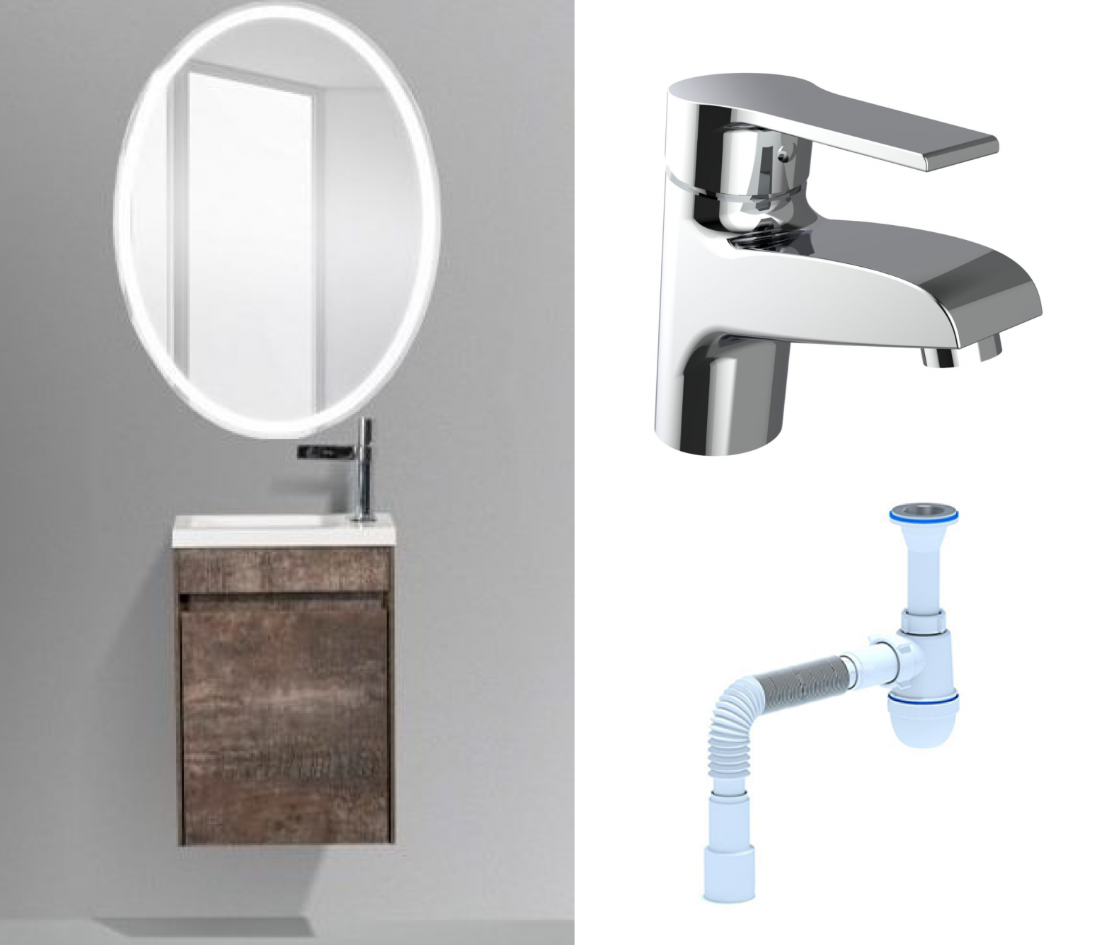 Комплект: Мебель для ванной BelBagno Pietra Mini 46 L stone + Смеситель Agger Right A2902100 хром + Сифон АниПласт 138917+A2902100+C2015xrv