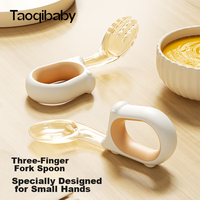 Taoqibaby детский ложка, детский Learning to Eat вилка And ложка, Bent Head младенец Silicone Short ручка Training ложка