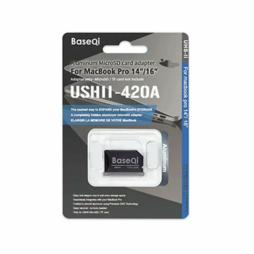 Адаптер карты памяти для Macbook M1/M2/M3/M4 Pro 14"/16.2" UHS-lI под microSD Baseqi (до 2Tb) (Металл) Silver