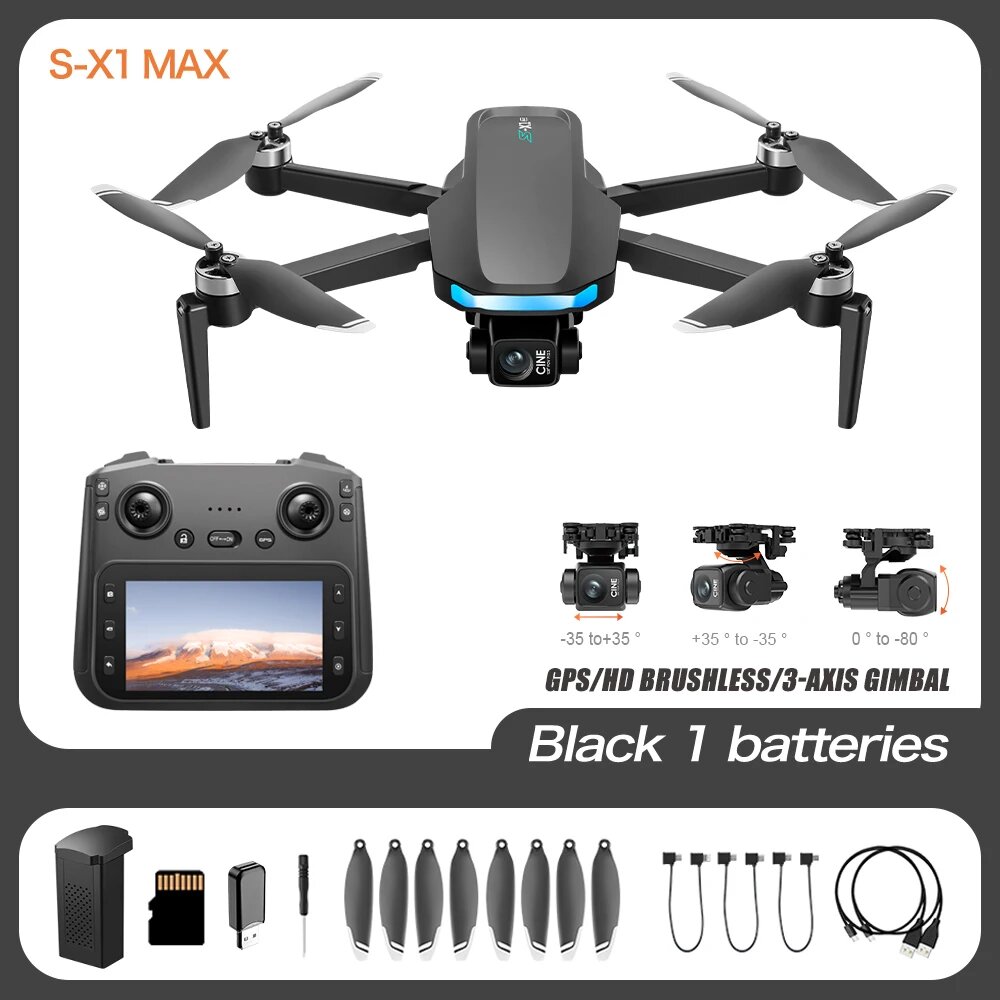 Professional'nyy dron S-X1 MAX GPS s 4K HD kameroy, 3-oshnyy gimbalom, 5G FPV, bezshchetinnyy dvigatelem, sistemoy bezopasnosti, bol'shim ekranym upravleniya i kvadrokopterom (igrushechnyy)