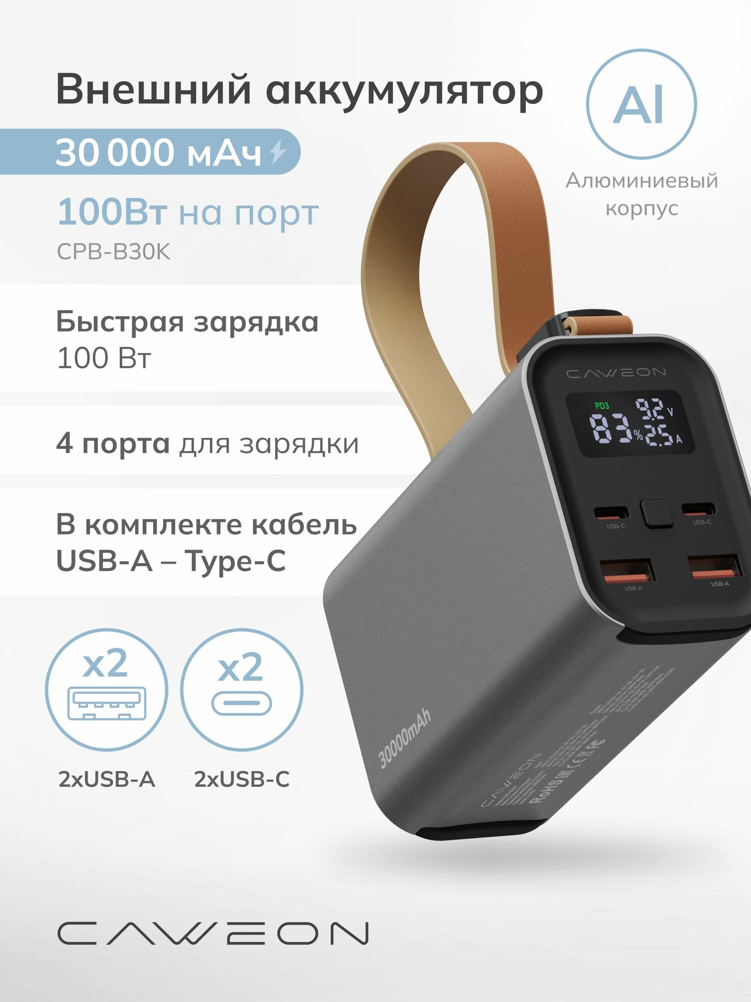 Внешний аккумулятор 30000 мАч, повербанк с быстрой зарядкой 100 Вт, CAWEON CPB-B30K