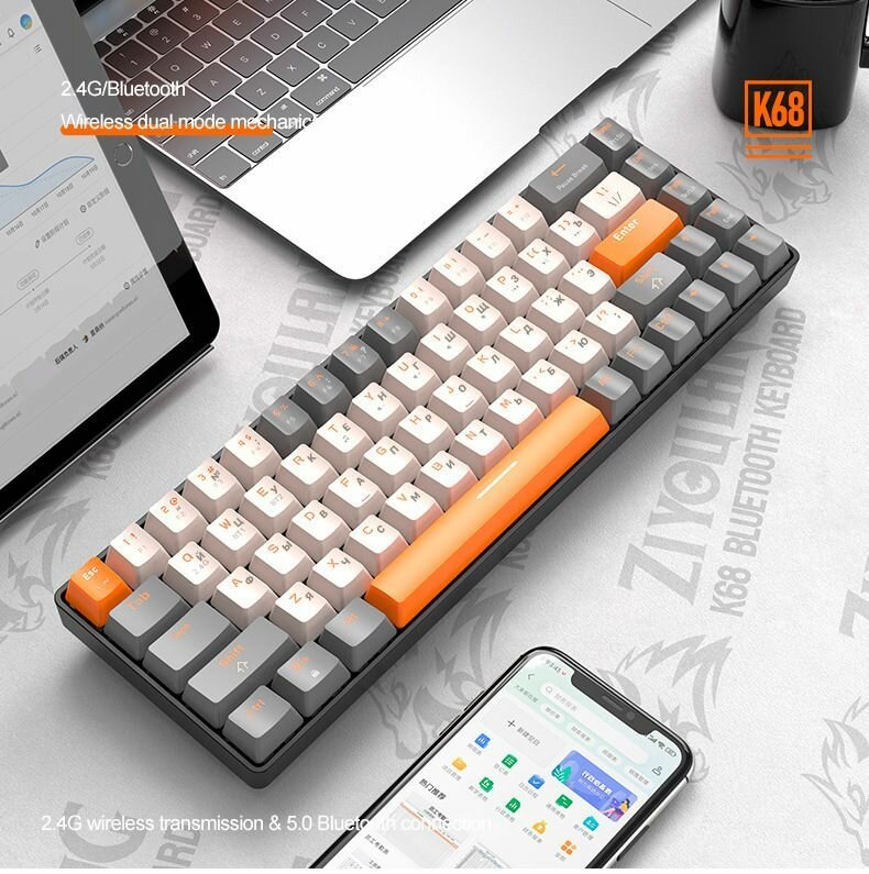 Клавиатура для компьютера Wolf K68 механическая беспроводная игровая Bluetooth + USB 2.4G + Hot-Swap для ноутбука планшета телефона смартфона пк айпада телевизора блютуз usb TCL 60% мини механика компактная Русская/английская раскладка