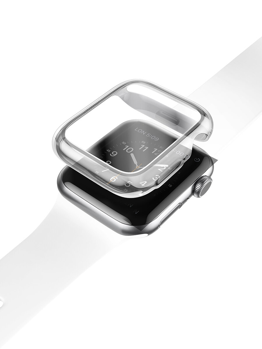 Чехол UNIQ Garde с защитой экрана на смарт часы Apple Watch 40 mm / мм / бампер для умных часов Эпл Вотч серии 4, 5, 6 и SE, SE 2 из силикона и пластика, прозрачный