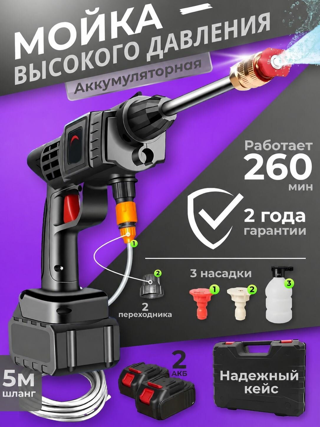 Мойка Высокого Давления аккумуляторная мощная, 2 аккумулятора