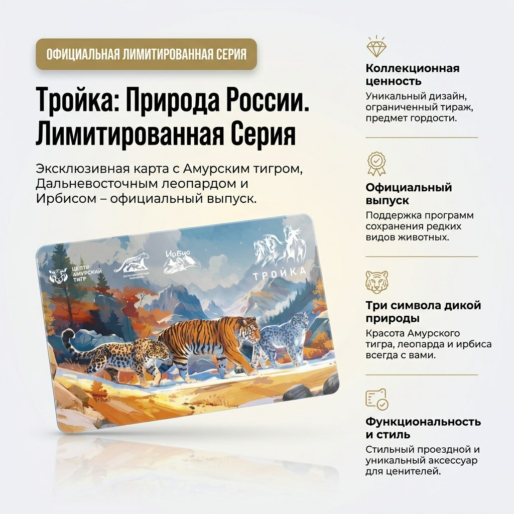 Коллекционная транспортная карта Тройка - Амурский тигр, дальневосточный леопард и ирбис. 2026, пластик