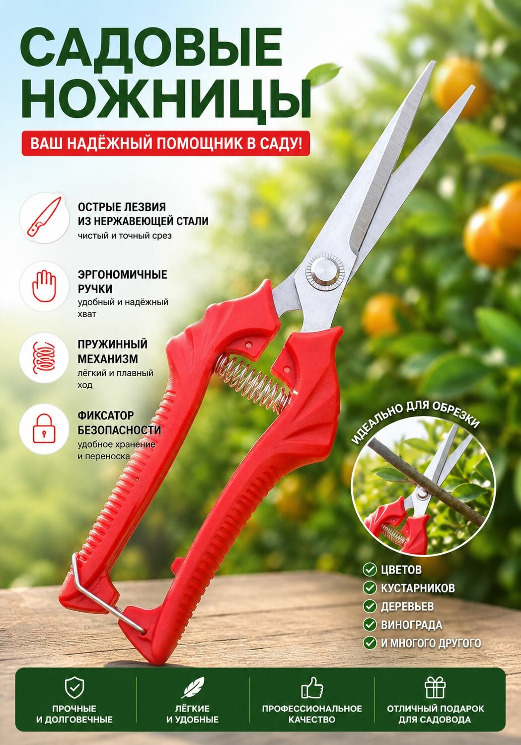 Садовый секатор из нержавеющей стали, 4 размера для обрезки цветов, веток и сбора урожая