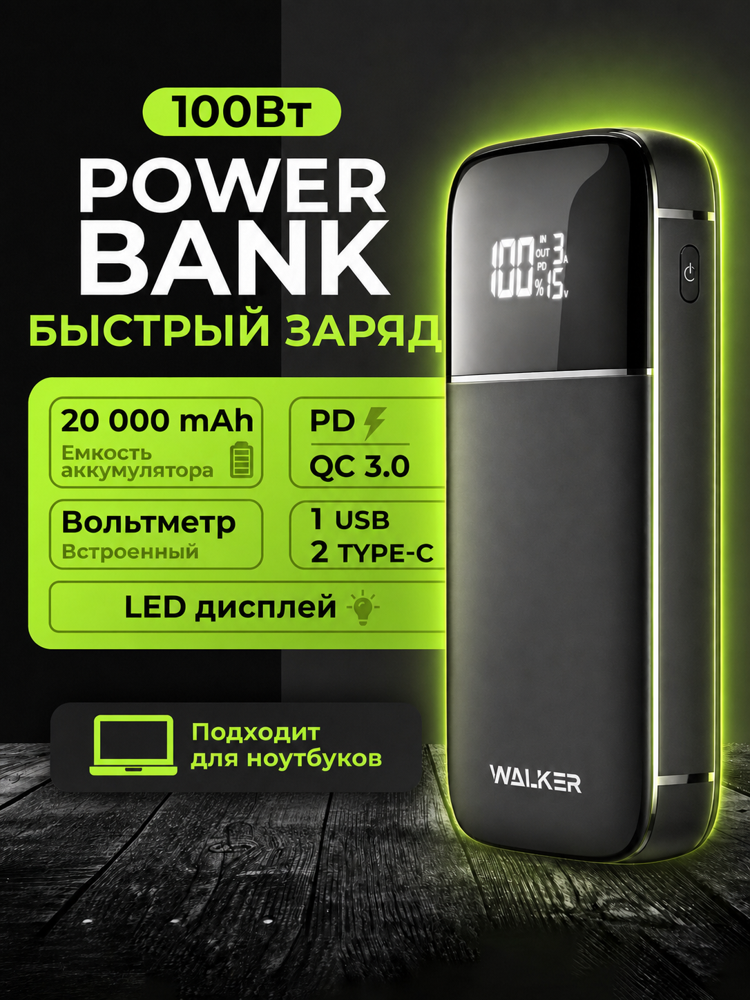 Повербанк для ноутбука 100w 20000 мАч, внешний аккумулятор с дисплеем вольтмер, быстрый заряд PD/QC, зарядное устройство