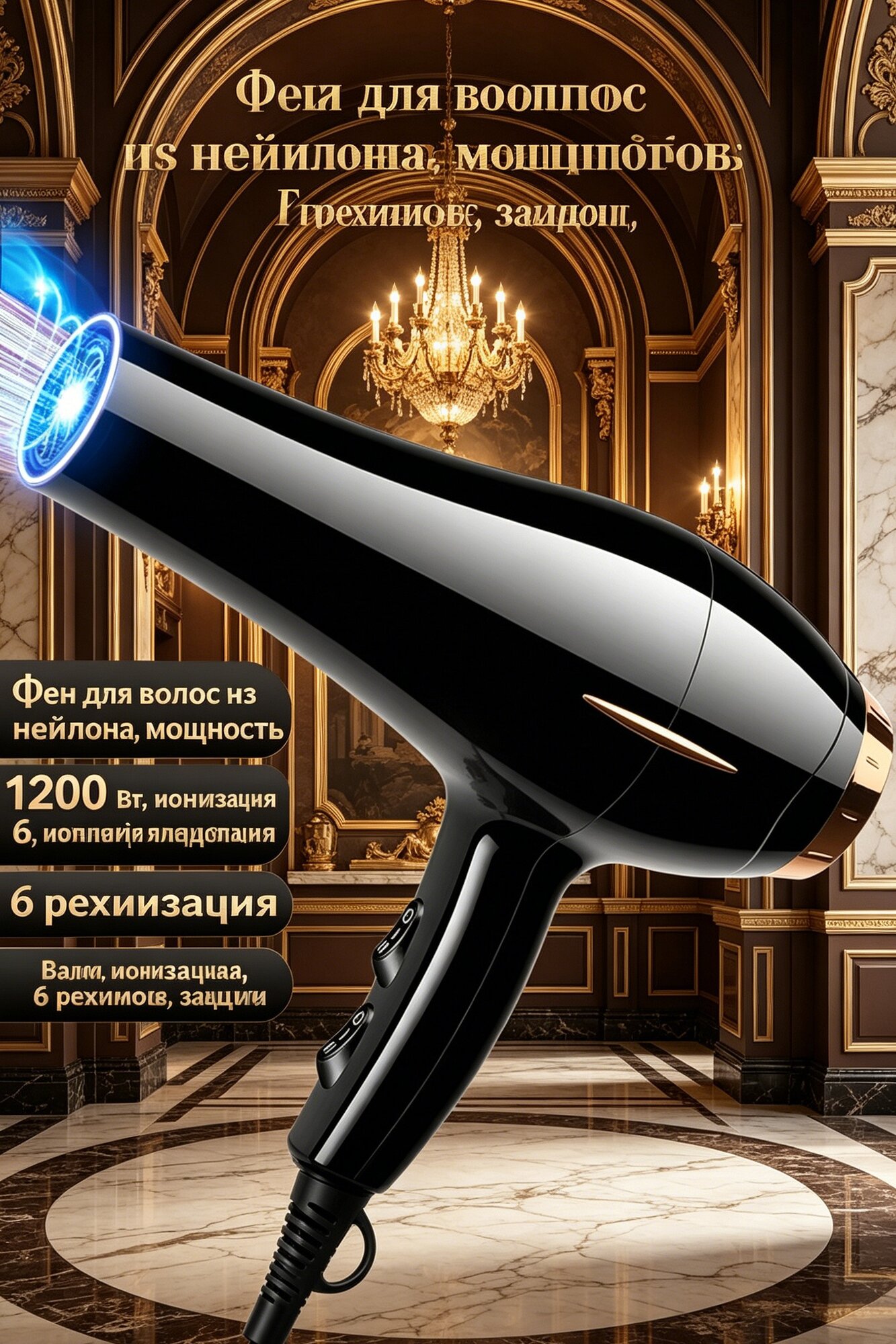 Фен для волос из нейлона, мощность 1200 Вт, ионизация, 6 режимов, защита от перегрева, для дома, общежития и салона красоты