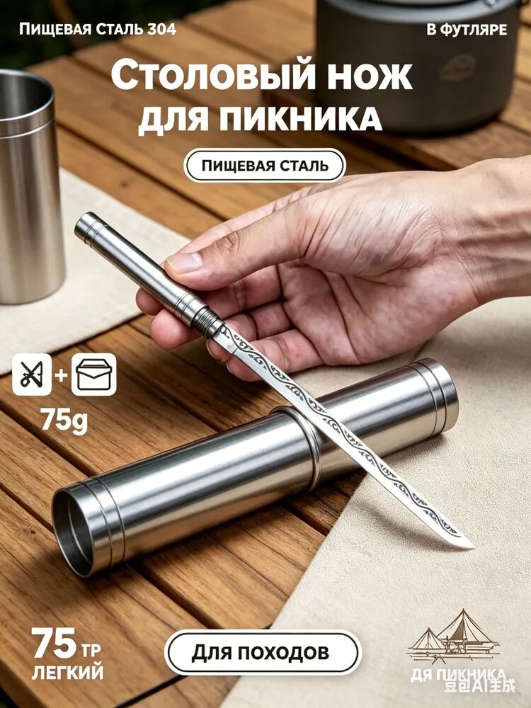 Столовый нож из нержавеющей стали 304, в футляре, для пикника и походов, легкий 75 г, безопасный для еды