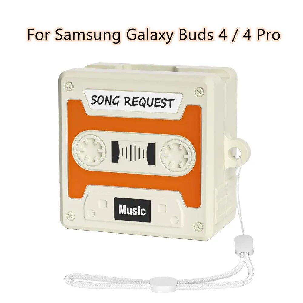 Ретро-чехол в виде кассеты для Samsung Galaxy Buds 4 / Buds 4 Pro, силиконовый кейс с шнурком-подвеской