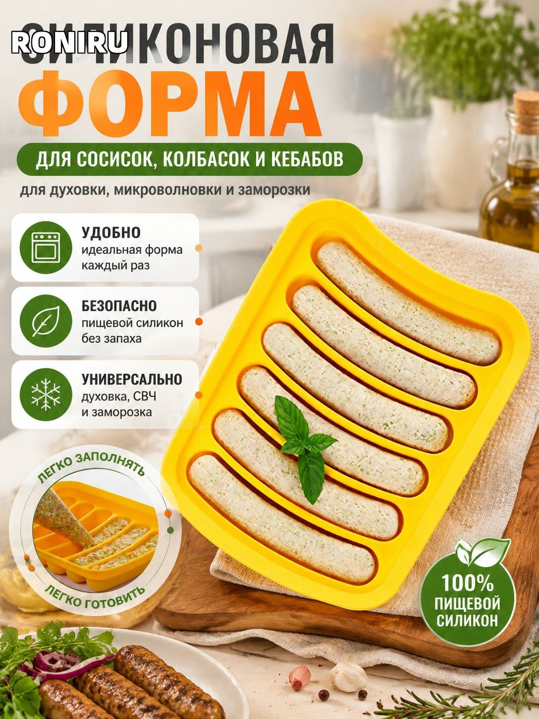 Силиконовая форма для запекания колбасок, сосисок и кебабов для духовки, микроволновки и заморозки — пищевая, удобная