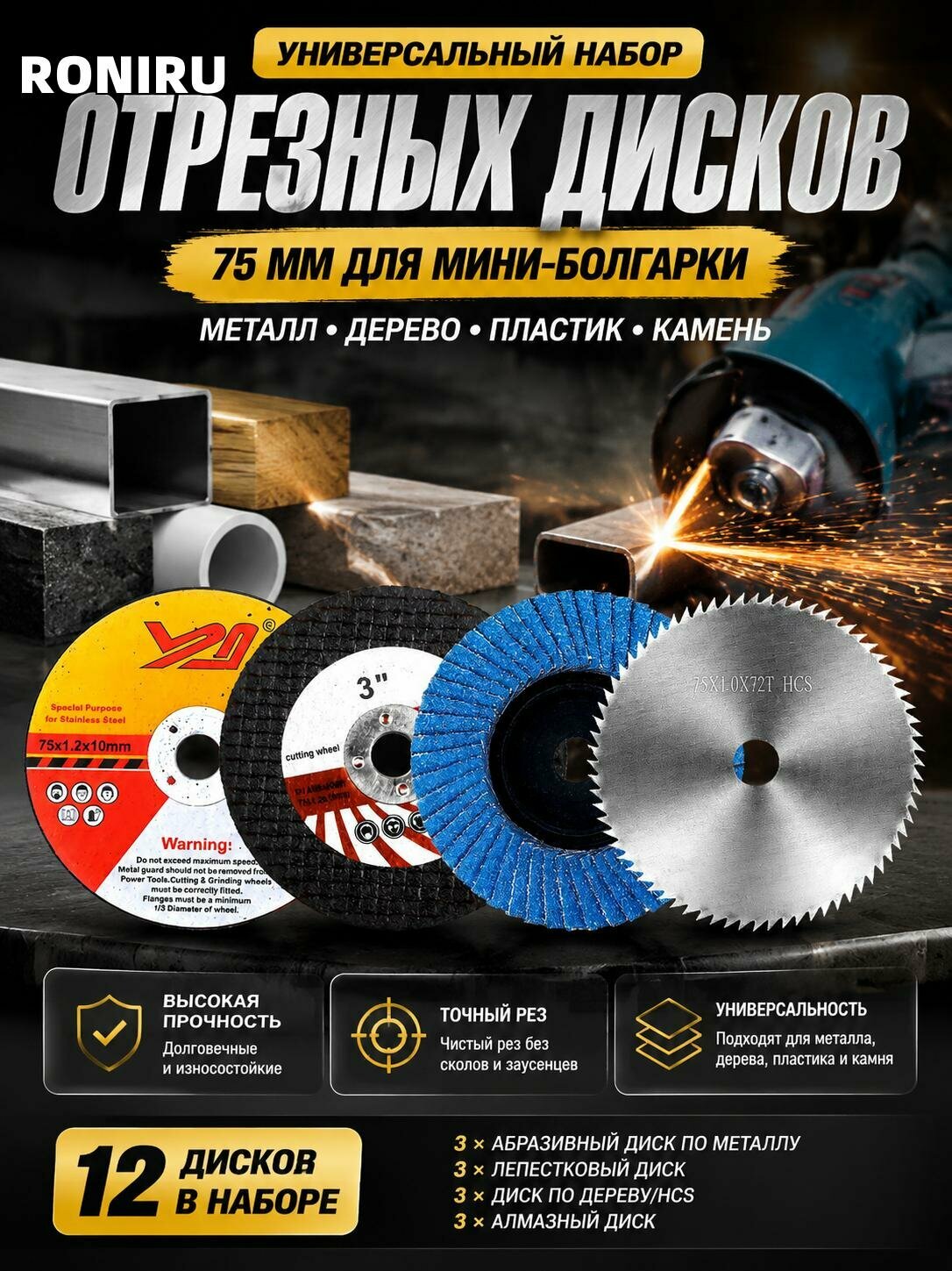 Набор отрезных дисков 75 мм для мини-болгарки — универсальные абразивные круги для металла, дерева, пластика и камня