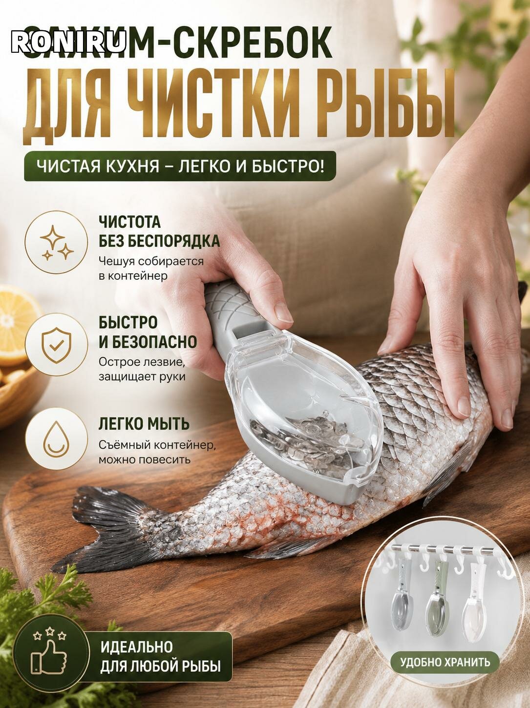 Зажим для чистки рыбы с контейнером — скребок для быстрой аккуратной очистки чешуи без беспорядка на кухне!