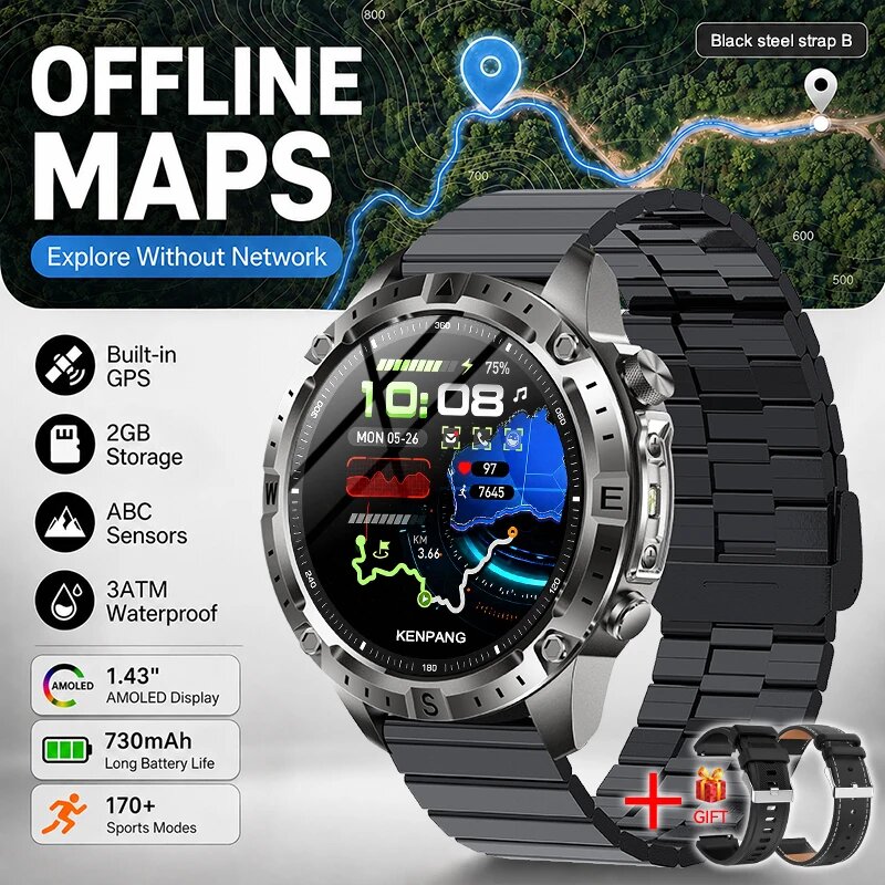 Умные часы Kenpang с GPS, оффлайн картами, черным стальным ремешком