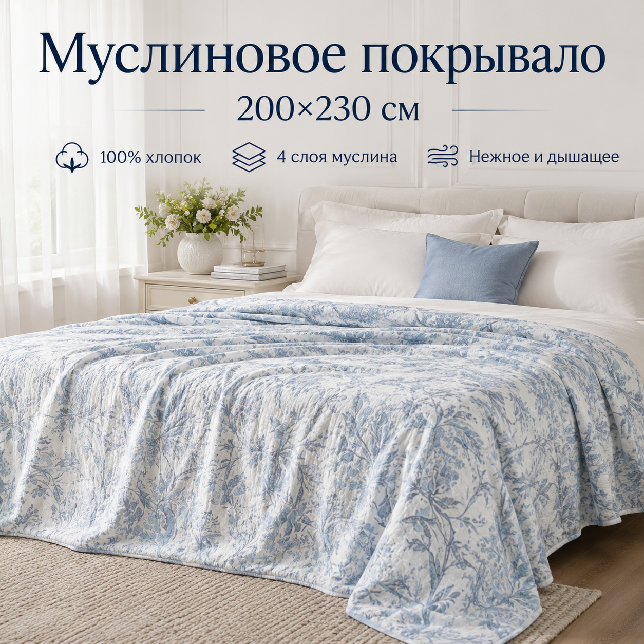 Муслиновое покрывало - плед , 2-спальное, 100% хлопок, 200x230 см, двустороннее