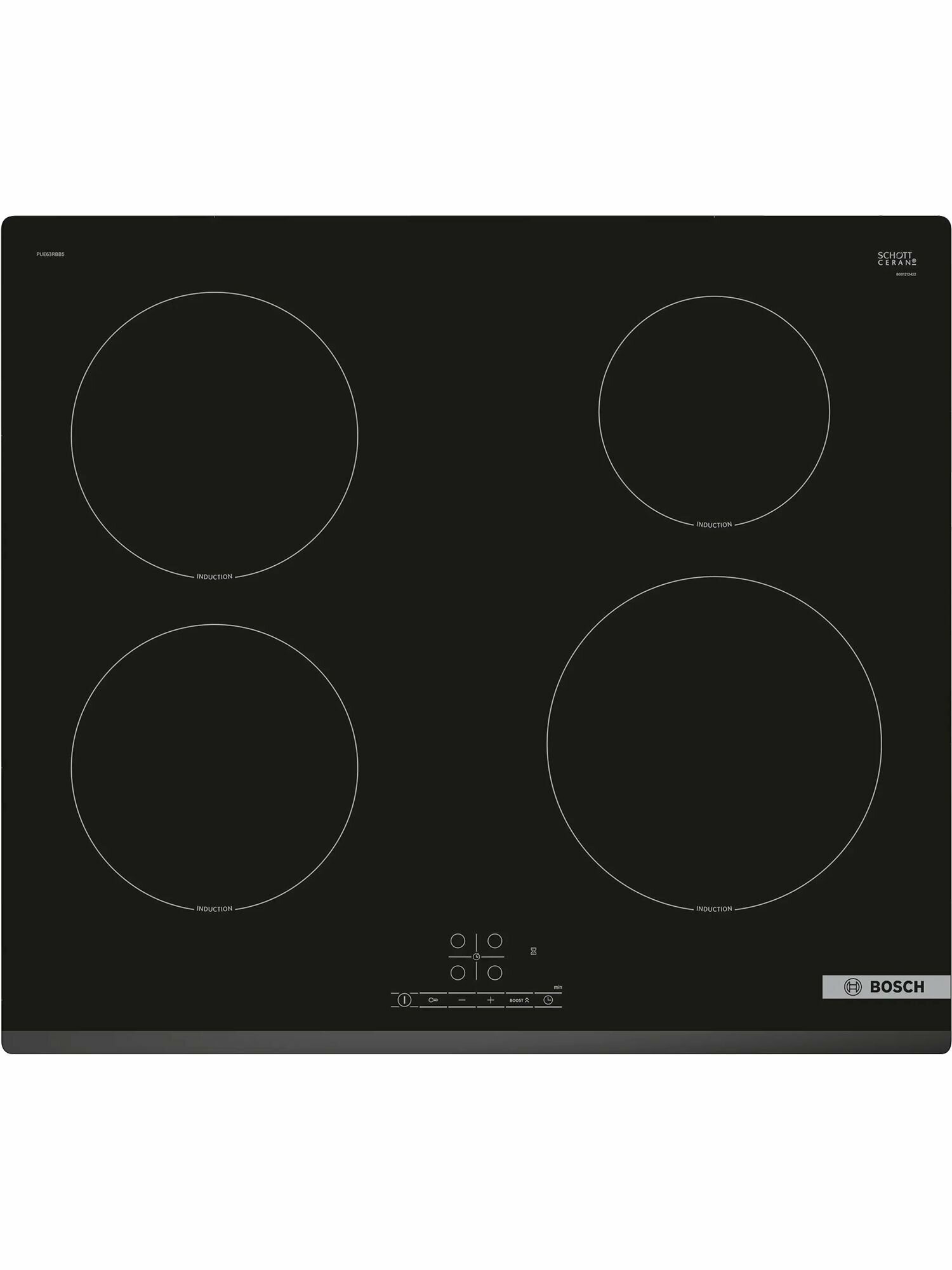 Встраиваемая индукционная панель BOSCH PUE63RBB5E, Serie 4, независимая, 4 конфорки, 17 уровней нагрева