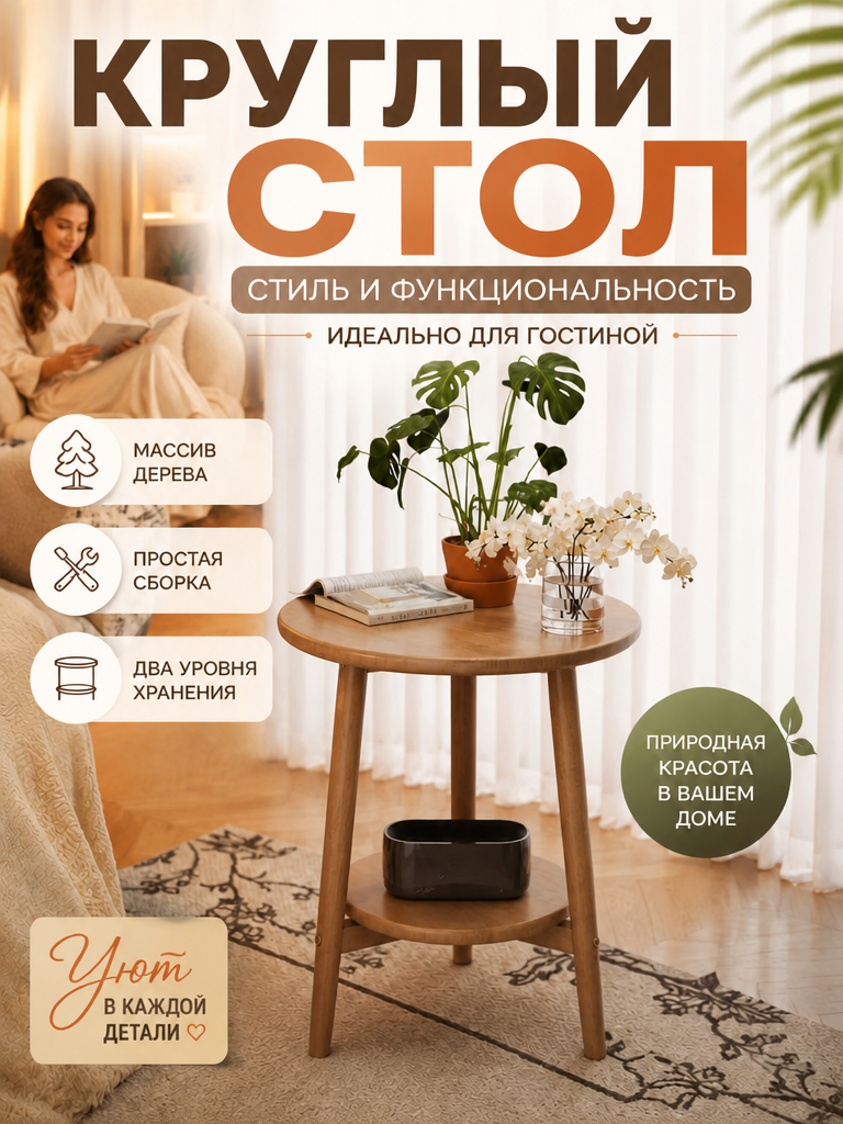 Круглый журнальный столик из массива дерева с двумя уровнями хранения, имеет простую сборку, подходит для размещения декора, растений и книг в гостиной и спальне