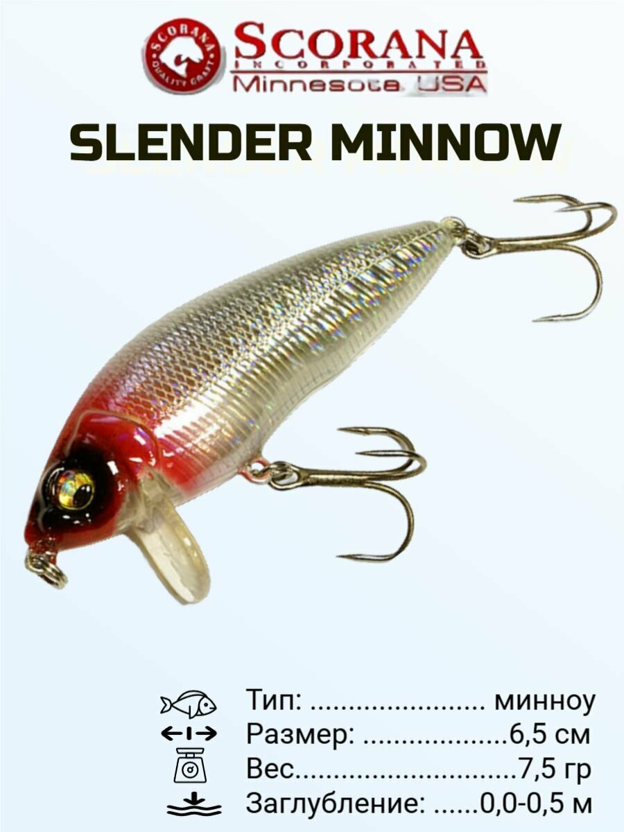 Воблер Scorana SLENDER MINNOW плав, 65мм, 7,5г, 0-0,5м, цв. HRH