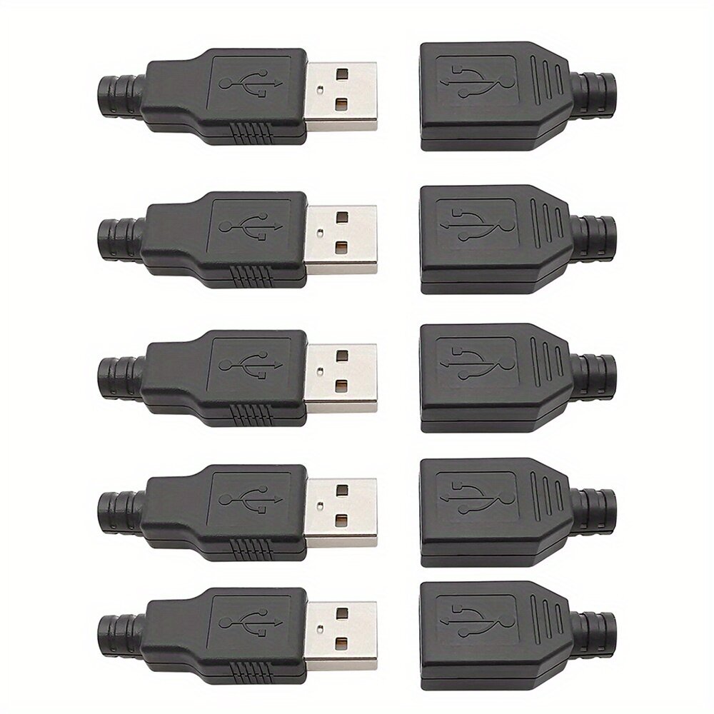 10 шт. USB Type A разъемов Male+Female 4-pin с черным пластиковым корпусом USB 2.0 Type-A для пайки DIY набор, 5 пар